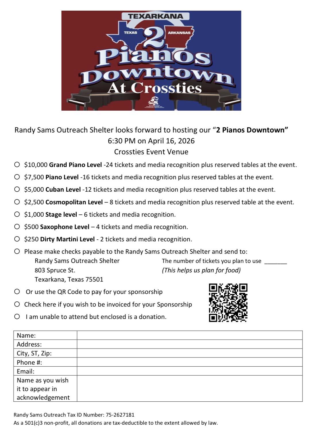 Randy Sams Outreach Shelter Seeking Sponsors for “2 Pianos Downtown ...